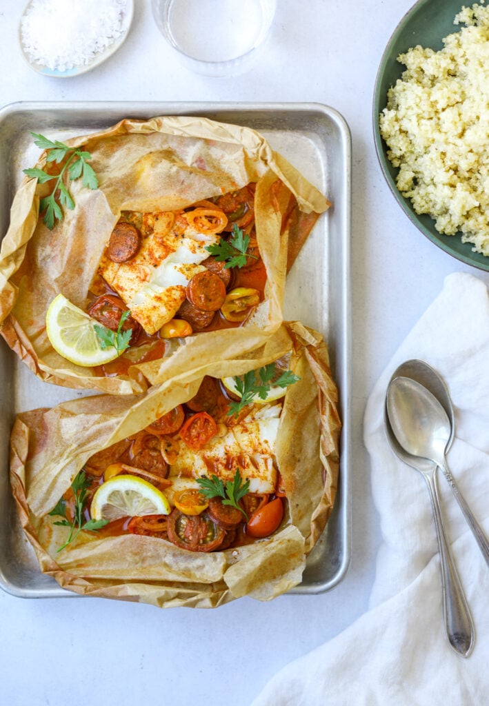 Parchment Baked Cod with Chorizo + Tomatoes - "En Papillote"