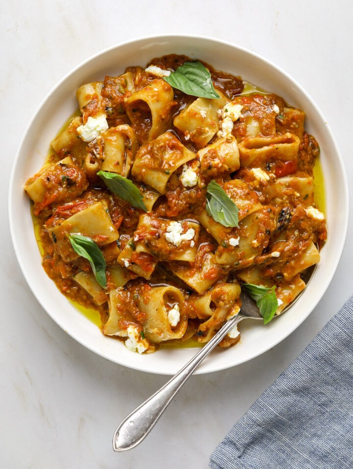 Slow-Roasted Eggplant Ragù with Goat Cheese and Basil - Craving California